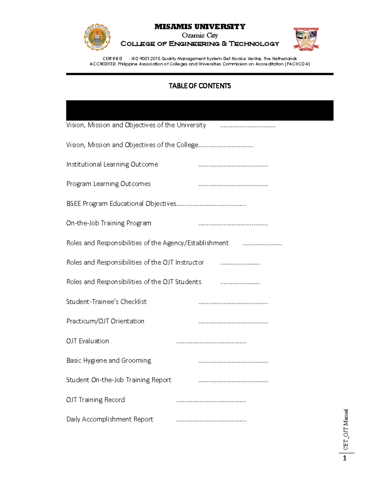 OJT Practicum Manual - Ozamiz City College of Engineering & Technology ...