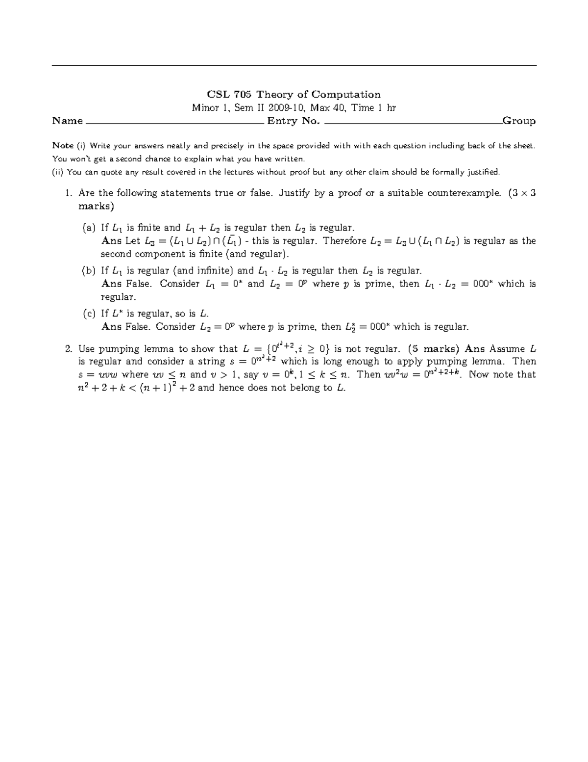 All Previous Minors - CSL 705 Theory of Computation Minor 1, Sem II 2009-10, Max 40, Time 1 hr ...