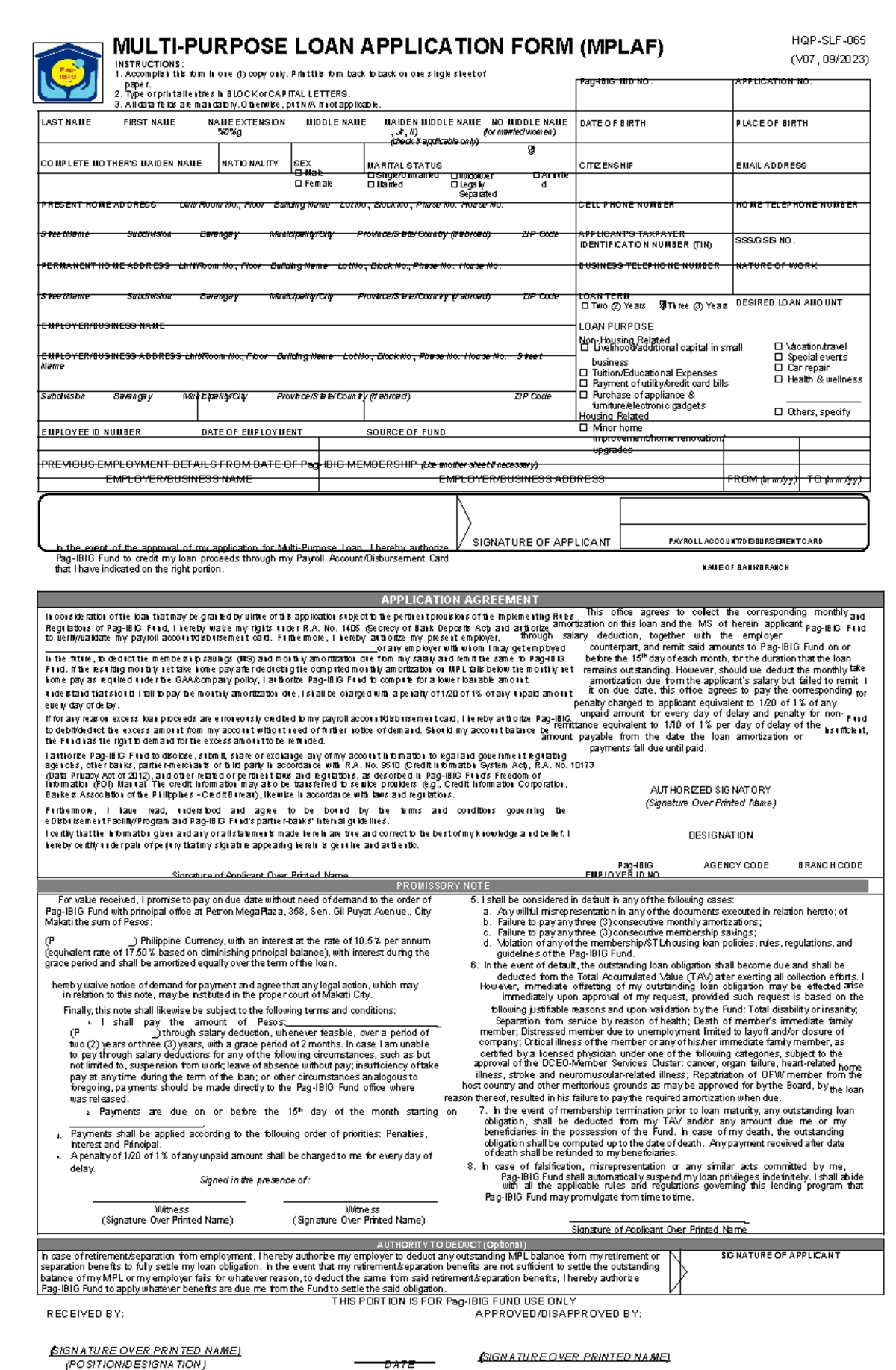 SLF065 Multi Purpose Loan Application Form V07 - (V 07 , 09 / 2023 ...