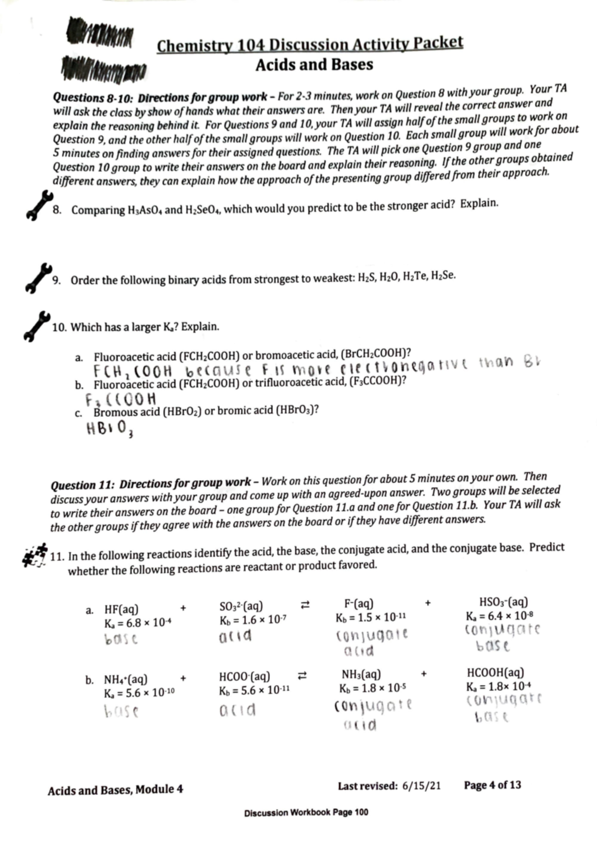 Module 4: Acids and Bases - Chemistry 104 Discussion Activ ity Packet ...