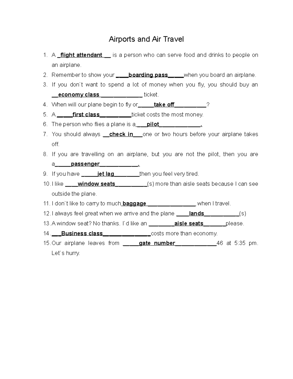 Orellana Allison Airports and Air Travel Worksheet - Airports and Air ...