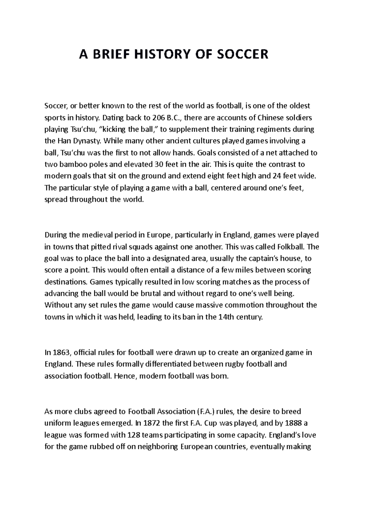 History of soccer - just for reference of students - A BRIEF HISTORY OF ...
