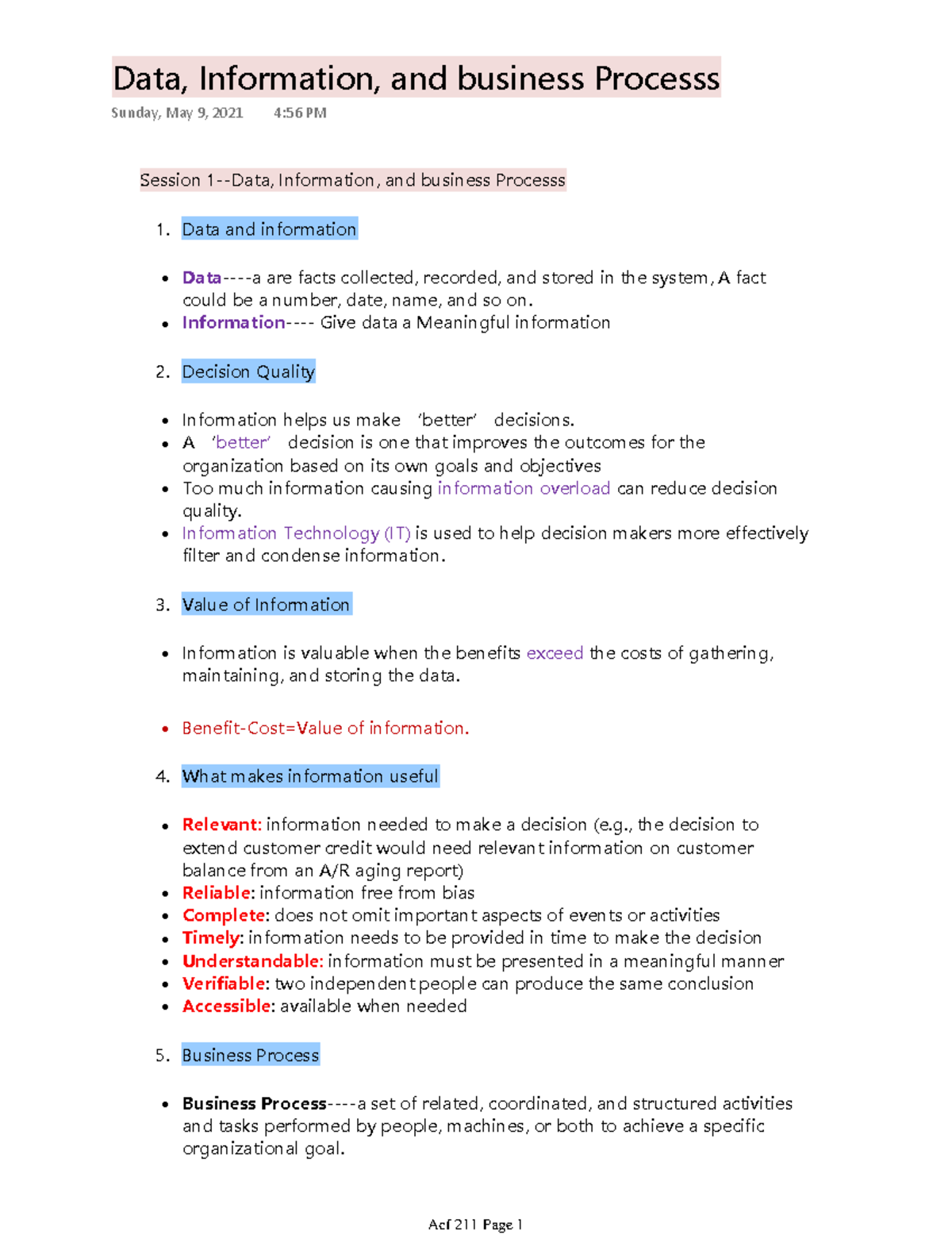 Acf 211 lecture note - Session 1-Data, Information, and business ...