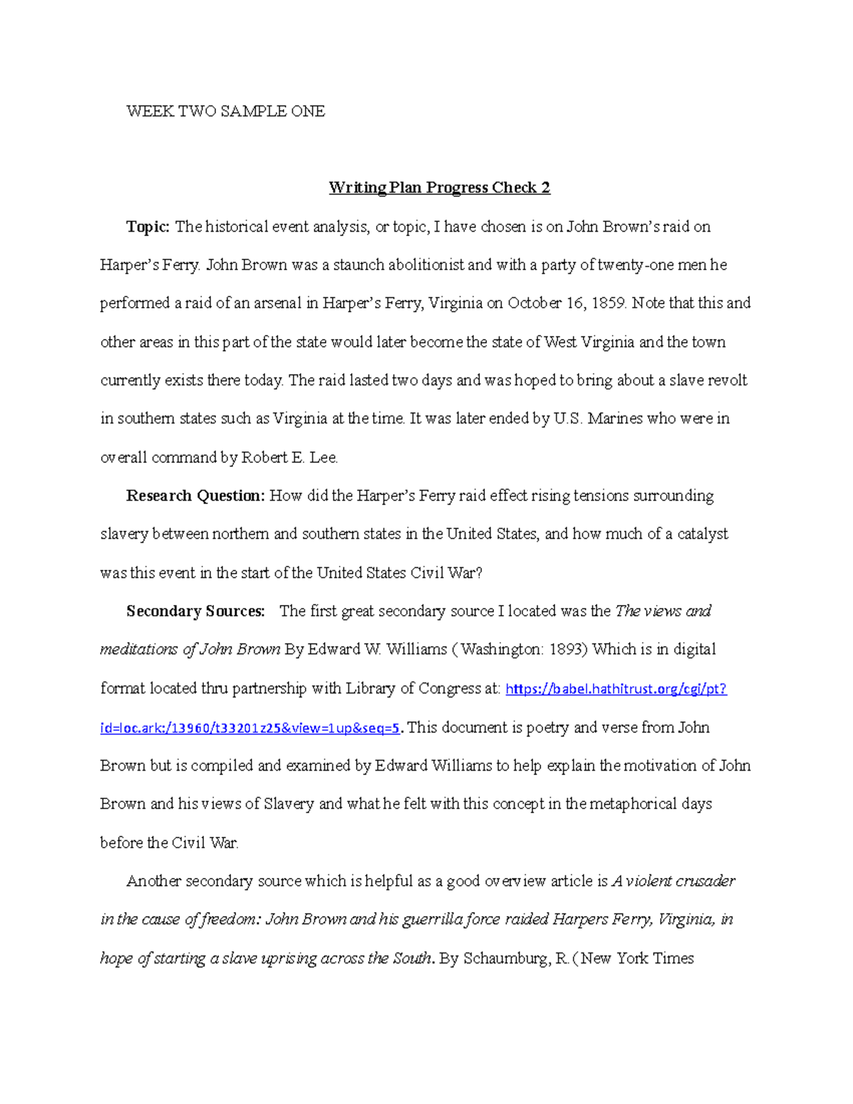 Week Two Sample ONE - WEEK TWO SAMPLE ONE Writing Plan Progress Check 2 ...