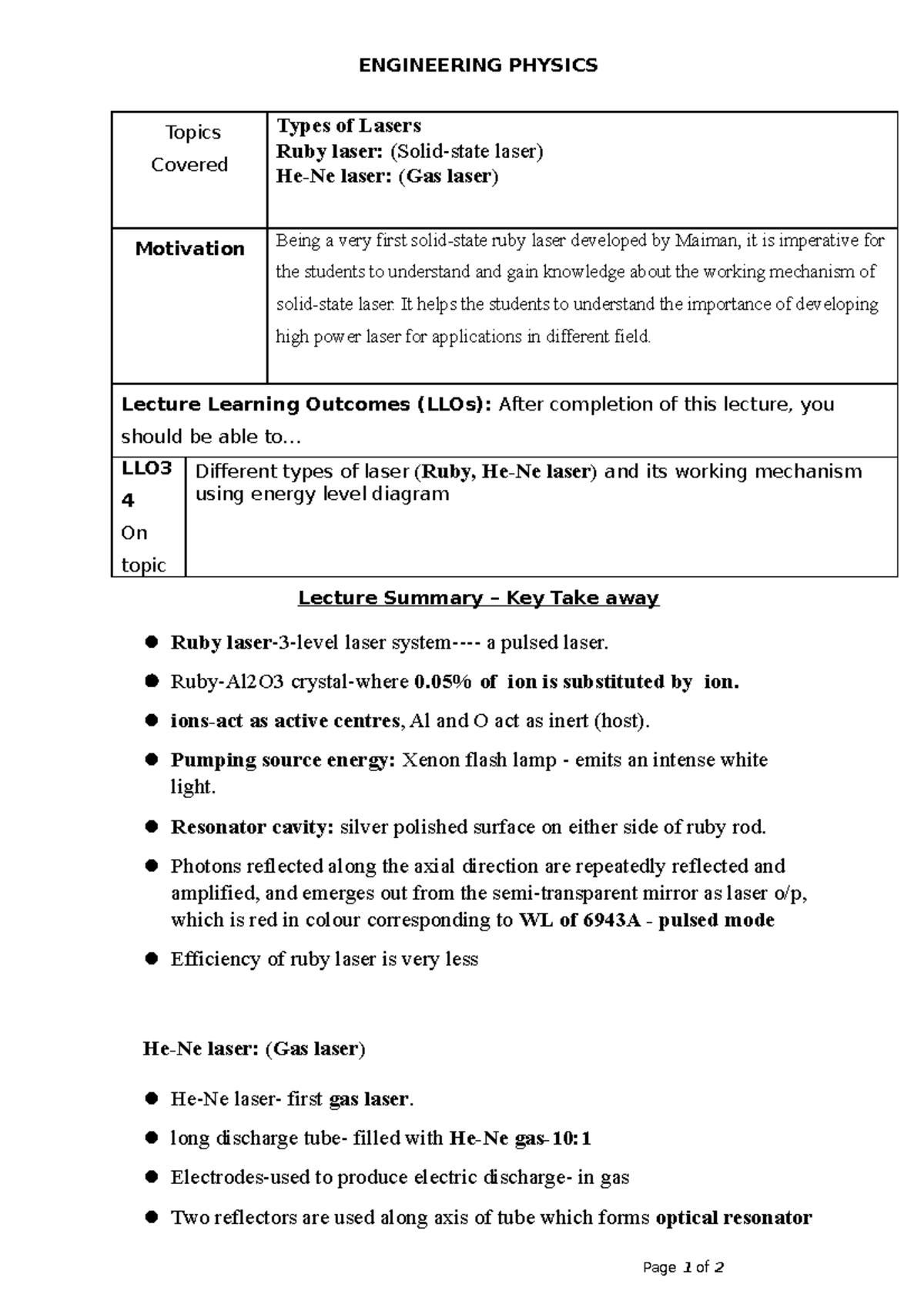 Type of Lasers - Ruby laser - ENGINEERING PHYSICS Topics Covered Types ...
