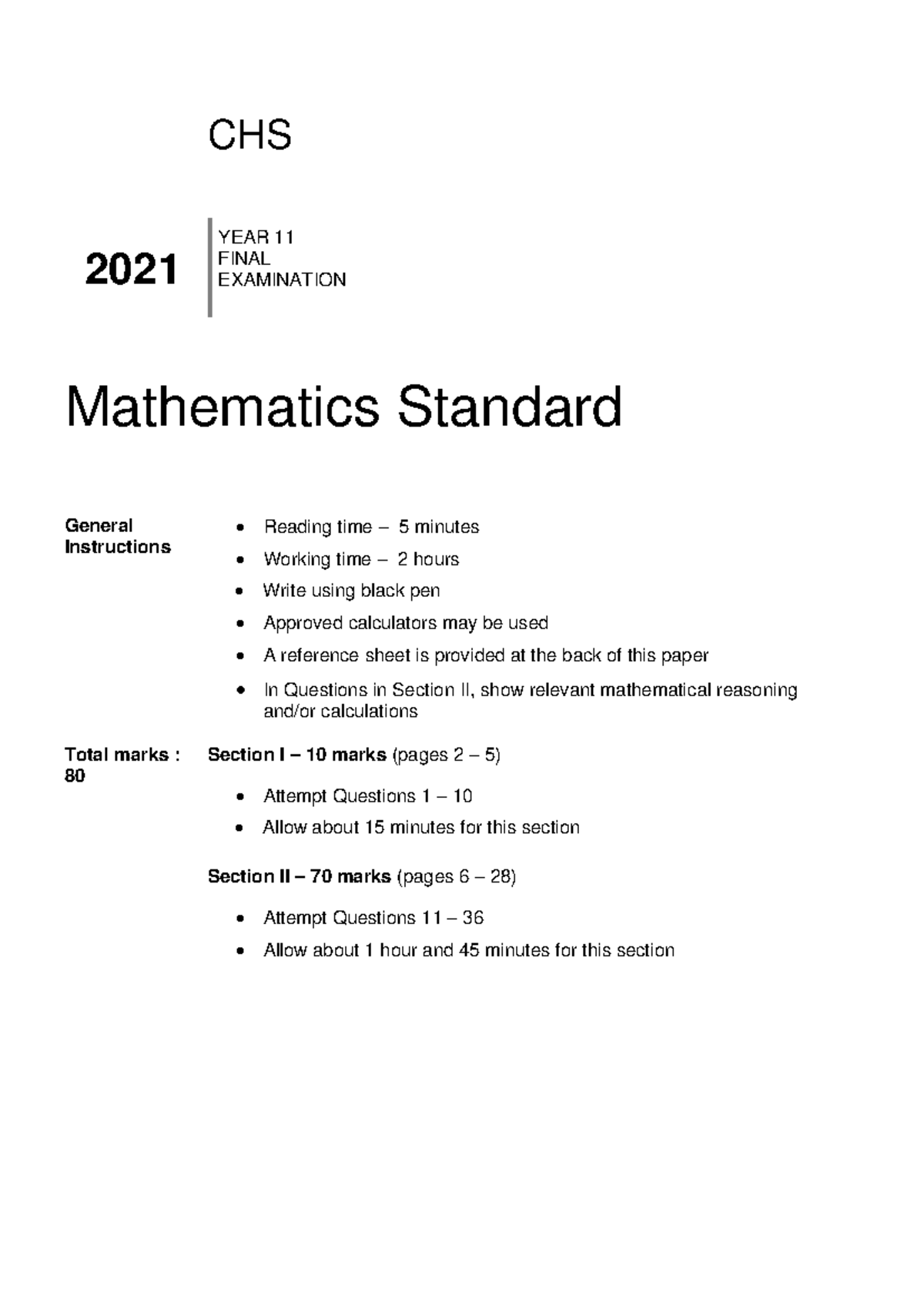 Year 11 Standard Mathematics Exam 2021 - CHS 2021 YEAR 11 FINAL ...