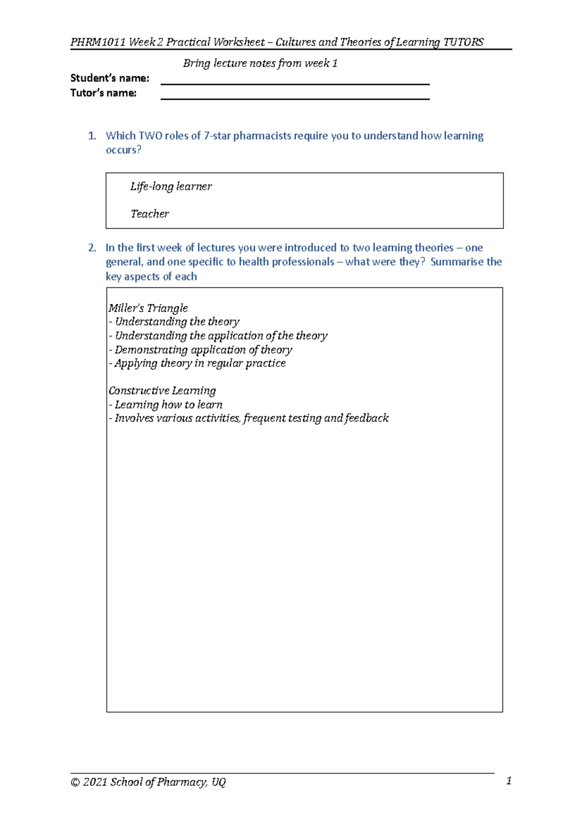 PHRM1011 Week 2 Practical Worksheet - PHRM1011 - UQ - Studocu