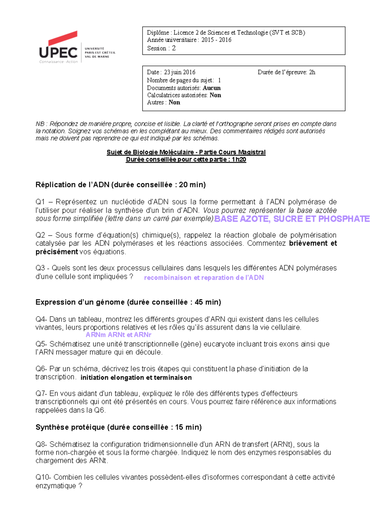 2eme session Exam L2 partie CM BM - NB : Répondez de manière propre ...