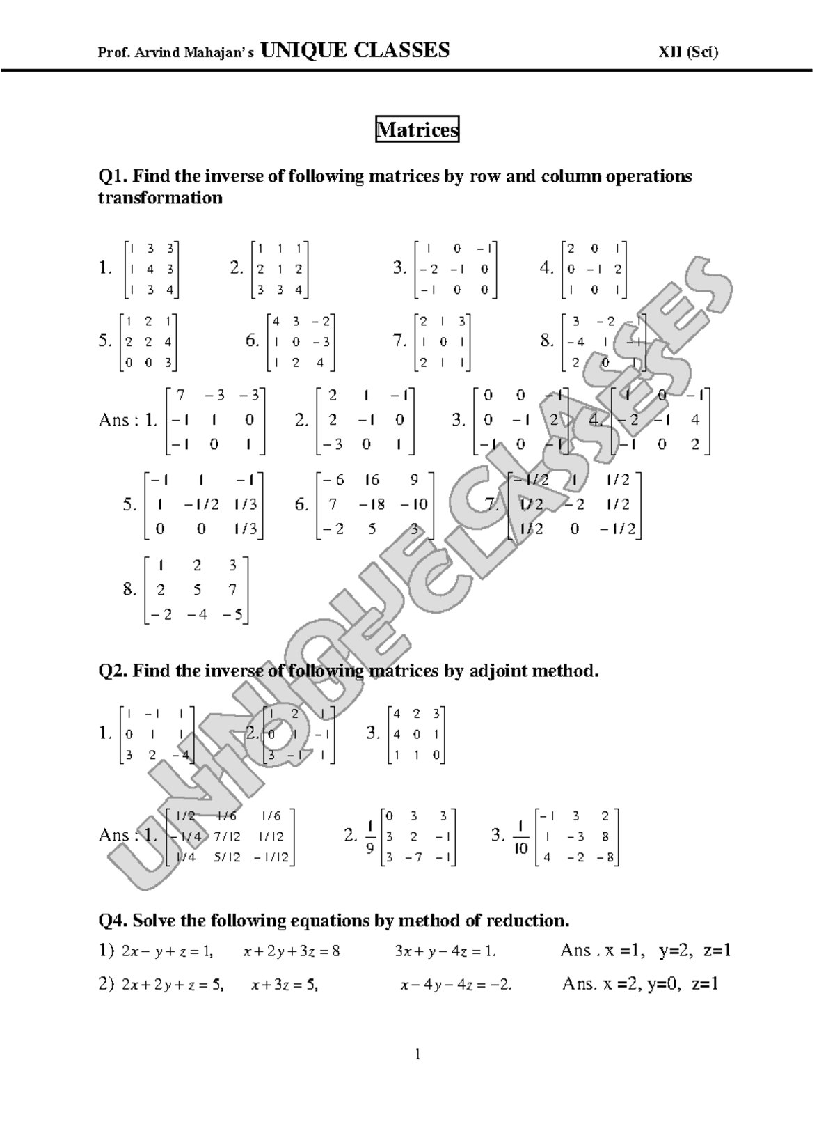 Matrices HW - 1 Prof. Arvind Mahajan’s UNIQUE CLASSES XII (Sci ...