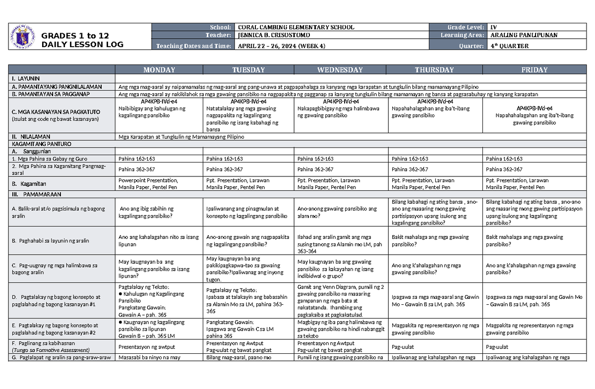 DLL Araling Panlipunan 4 Q4 W4 - GRADES 1 to 12 DAILY LESSON LOG School ...