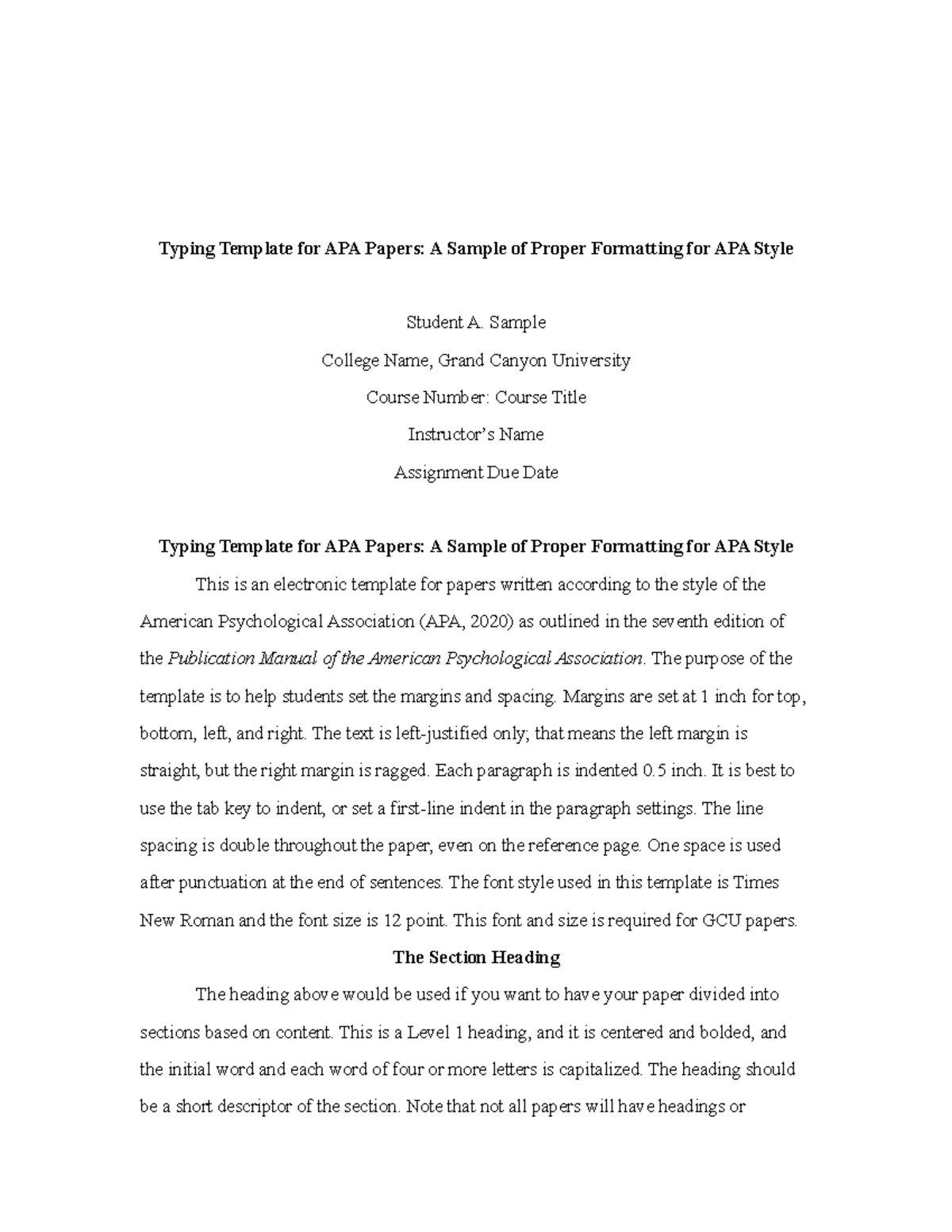 Writing Center Style Apa 7th Edition Template Without Abstract Typing