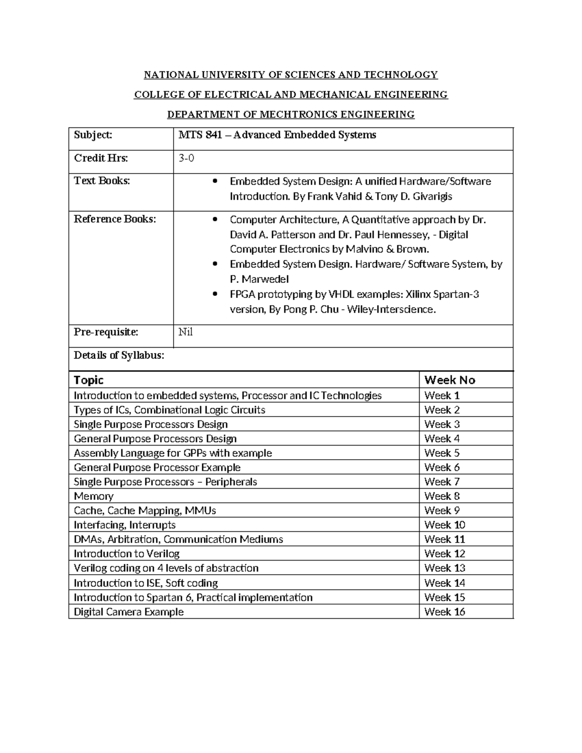 Course Outline MTS 841 Advanced Embedded Systems Updated - NATIONAL UNIVERSITY OF SCIENCES AND ...