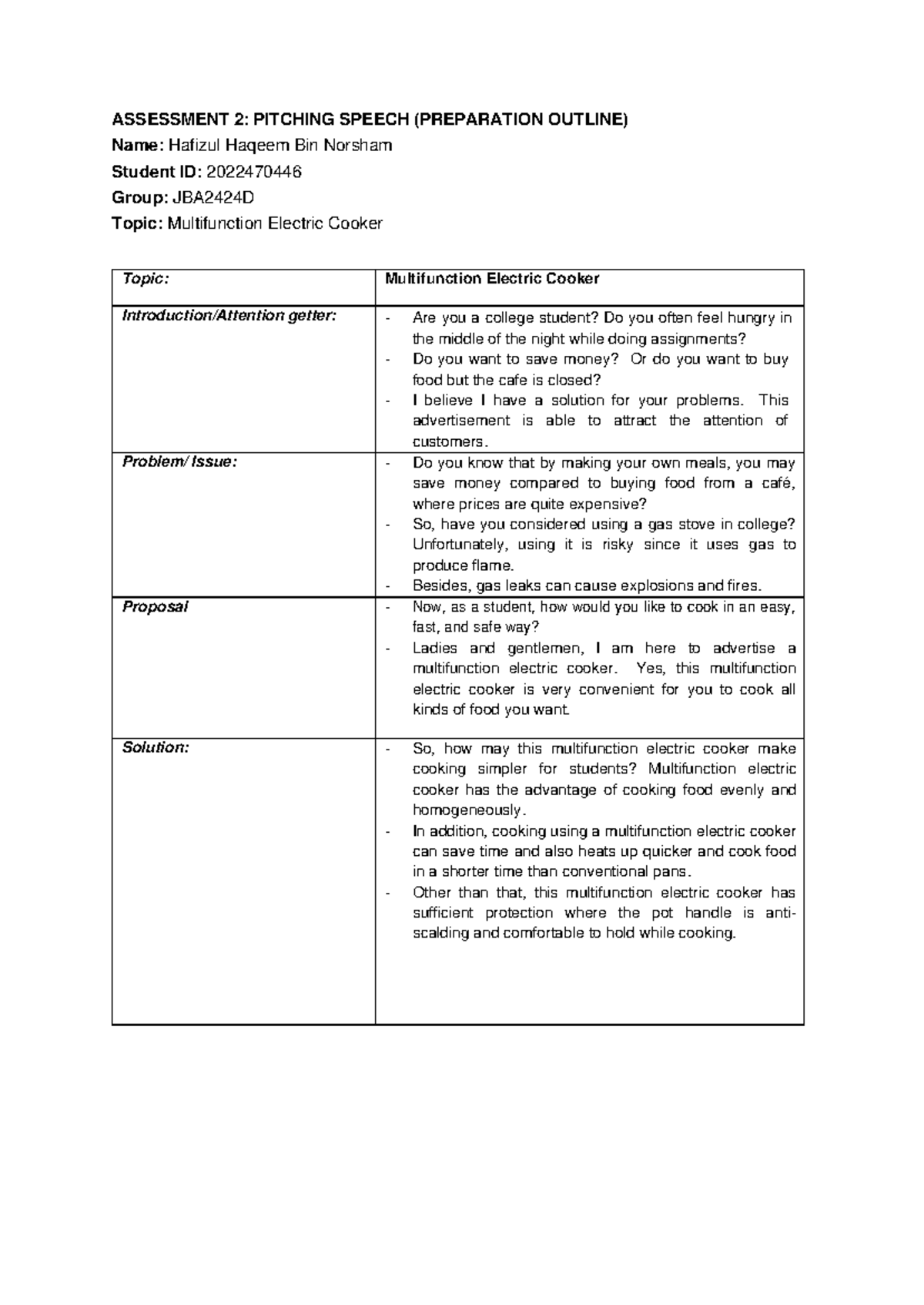 Pitching Outline - Multifunction Electric Cooker - ASSESSMENT 2 ...