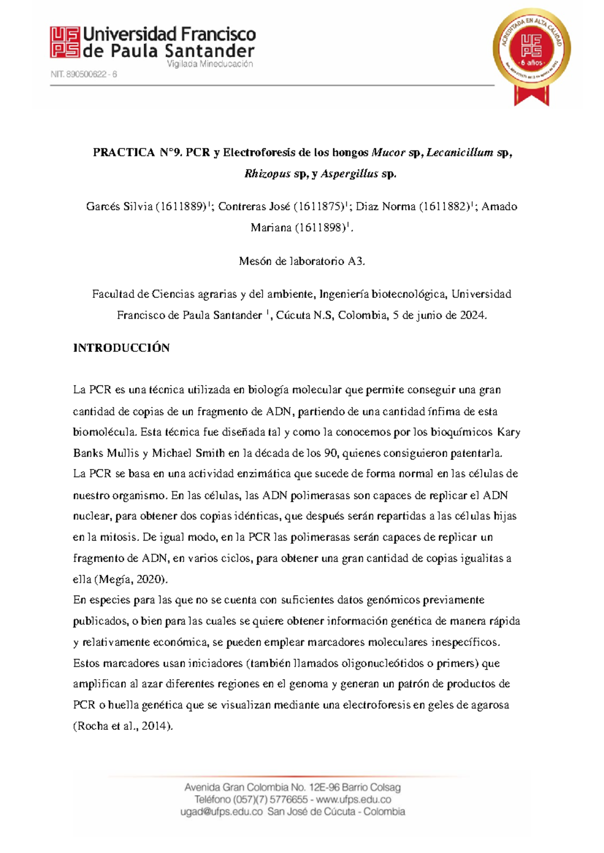 Practica N°9 PCR - PRACTICA N° 9. PCR y Electroforesis de los hongos ...