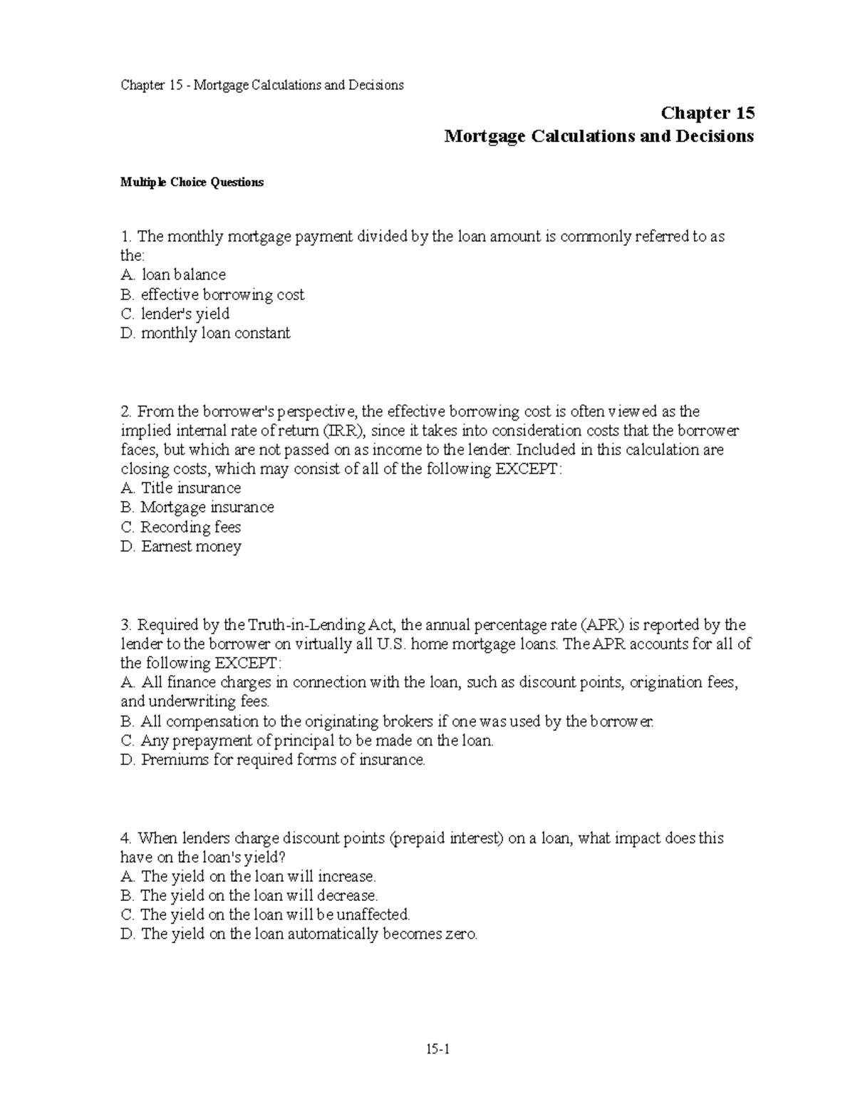 Chapter 15 Mortgage Calculations and Dec - Chapter 15 Mortgage Calculations and Decisions ...