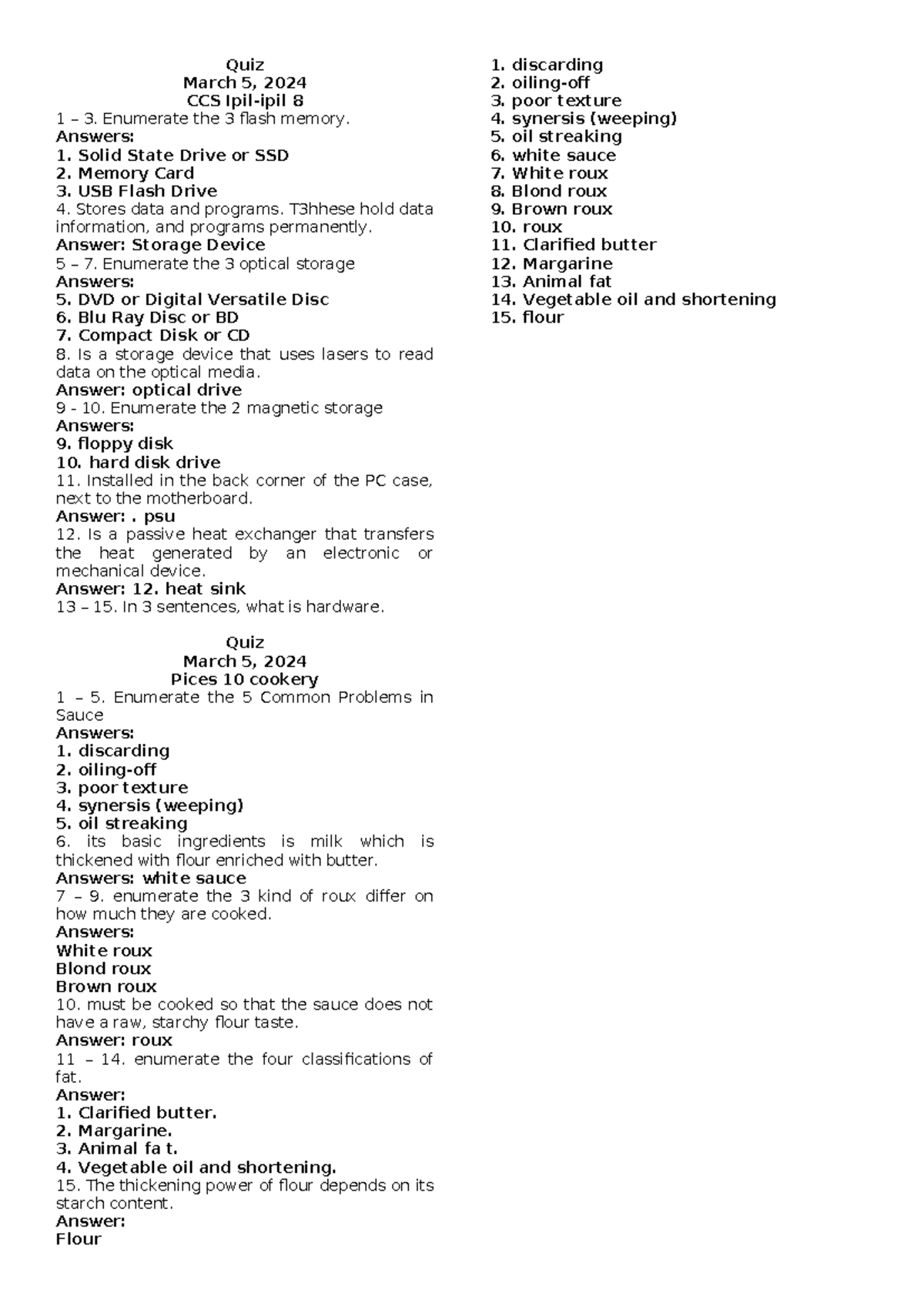 Quiz pre test for high school - Quiz March 5, 2024 CCS Ipil-ipil 8 1 ...