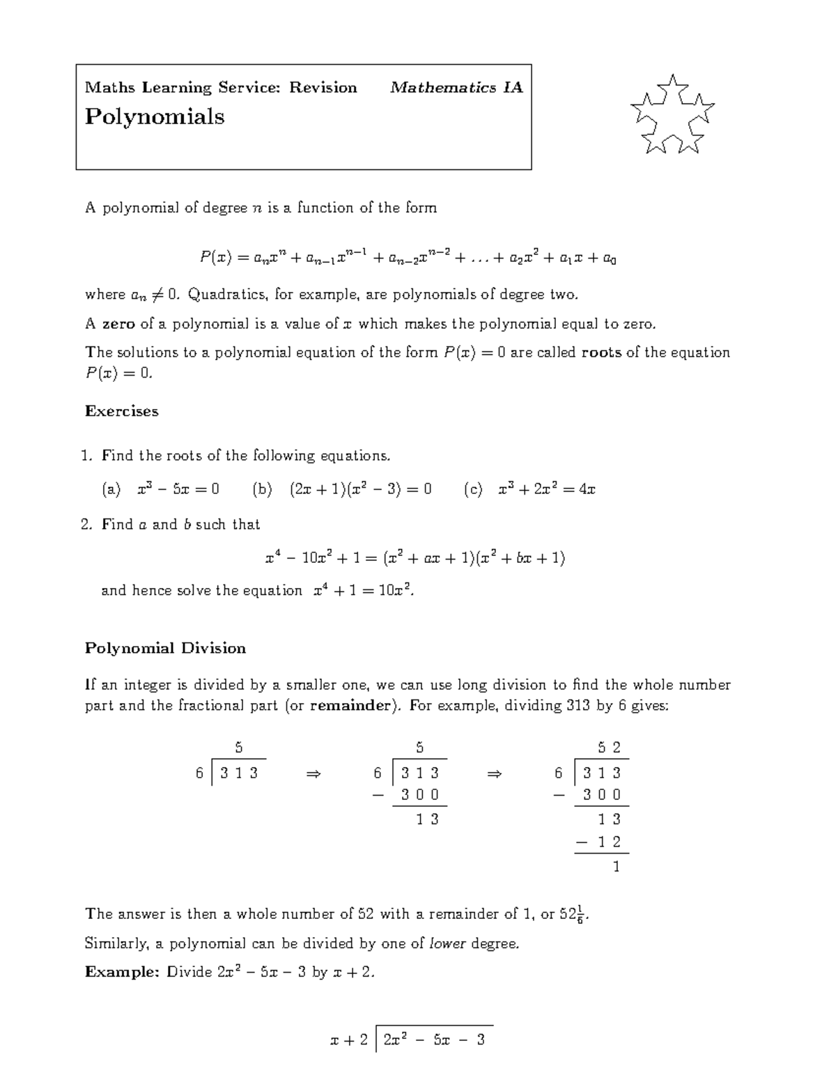 Lecture notes, lecture polynomials - Maths Learning Service: Revision ...
