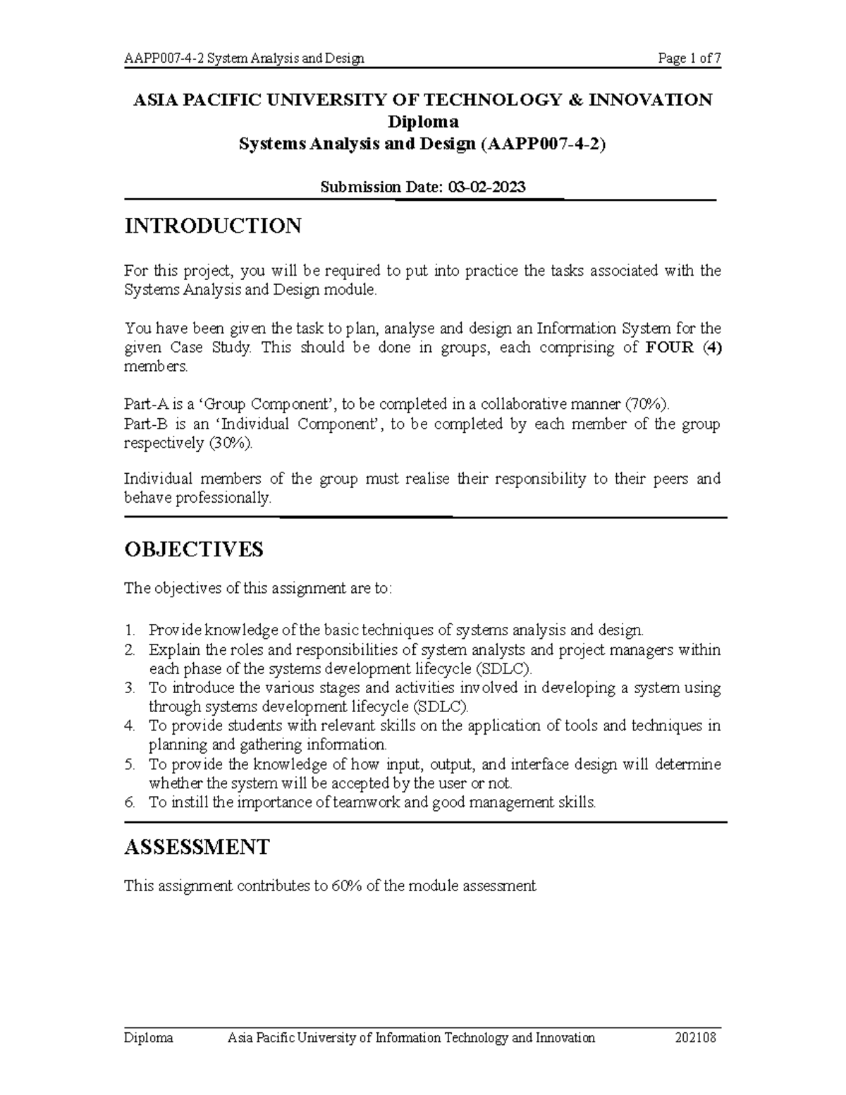 1) Assignment Question SYAD UCDF2107ICT(SE) - ASIA PACIFIC UNIVERSITY OF TECHNOLOGY & INNOVATION ...