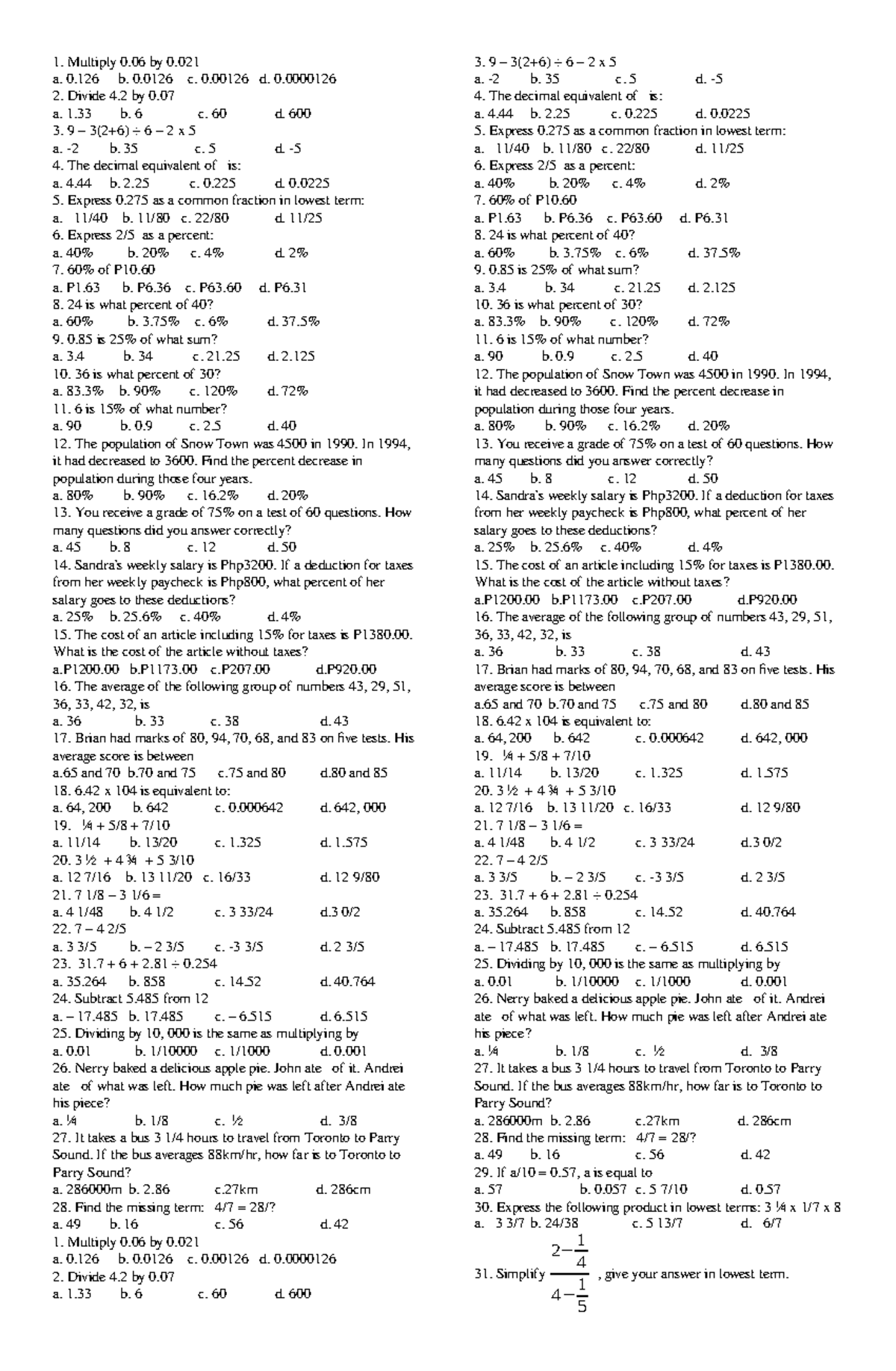 Pretest business math - notes - 1. Multiply 0 by 0. a. 0 b. 0 c. 0 d. 0 ...