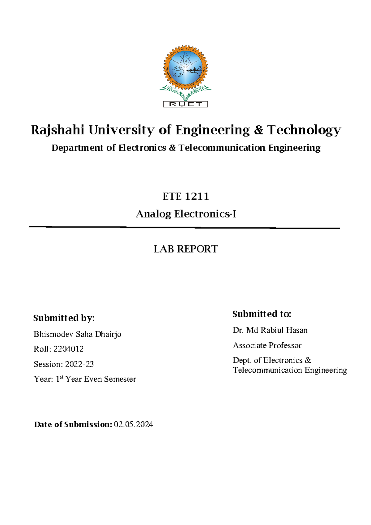 Analog LR 5 - To study the voltage regulation characteristics of a Zener diode when the input ...