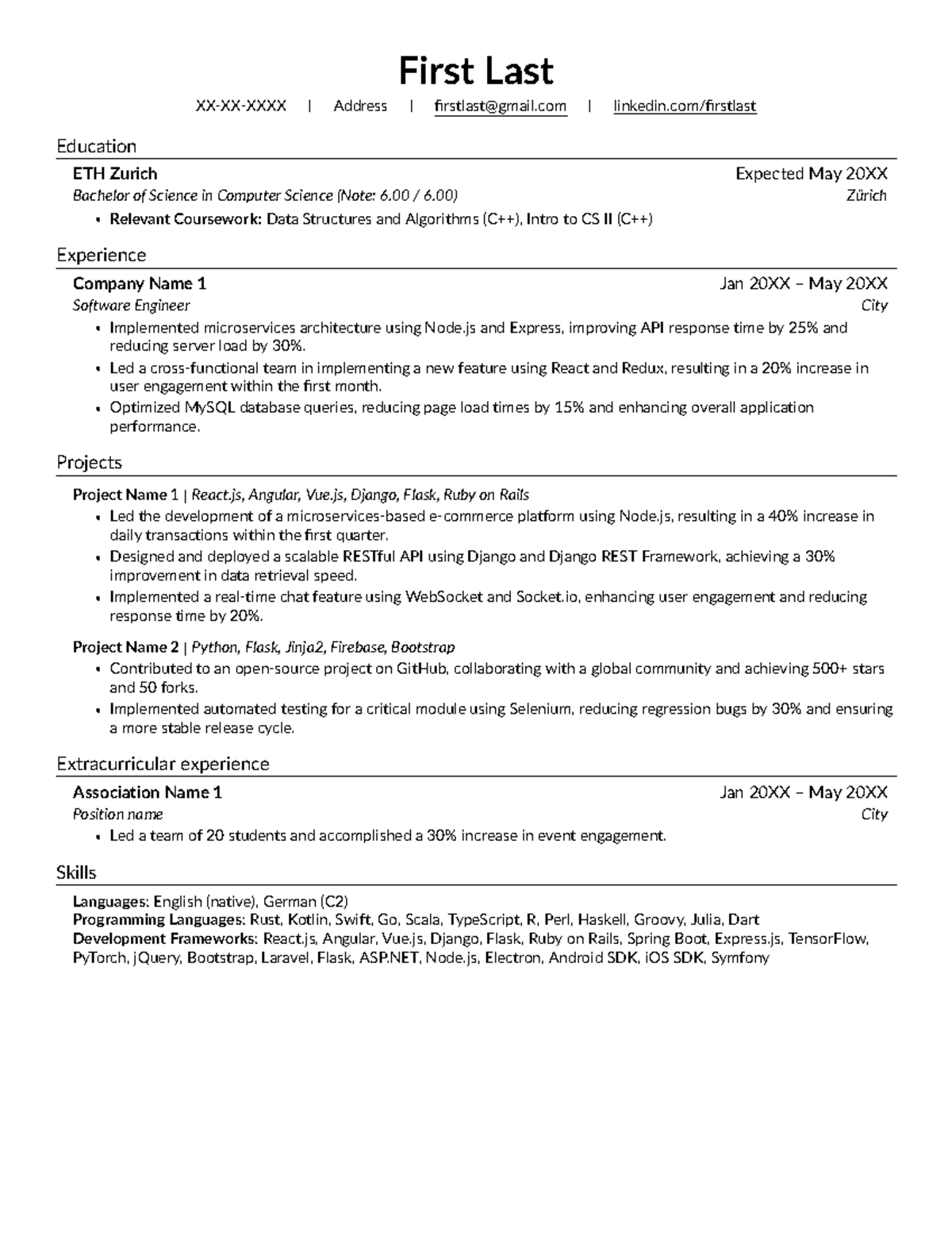 Eth juniors cv template - First Last XX-XX-XXXX | Address | firstlast@gmail | linkedin/firstlast ...