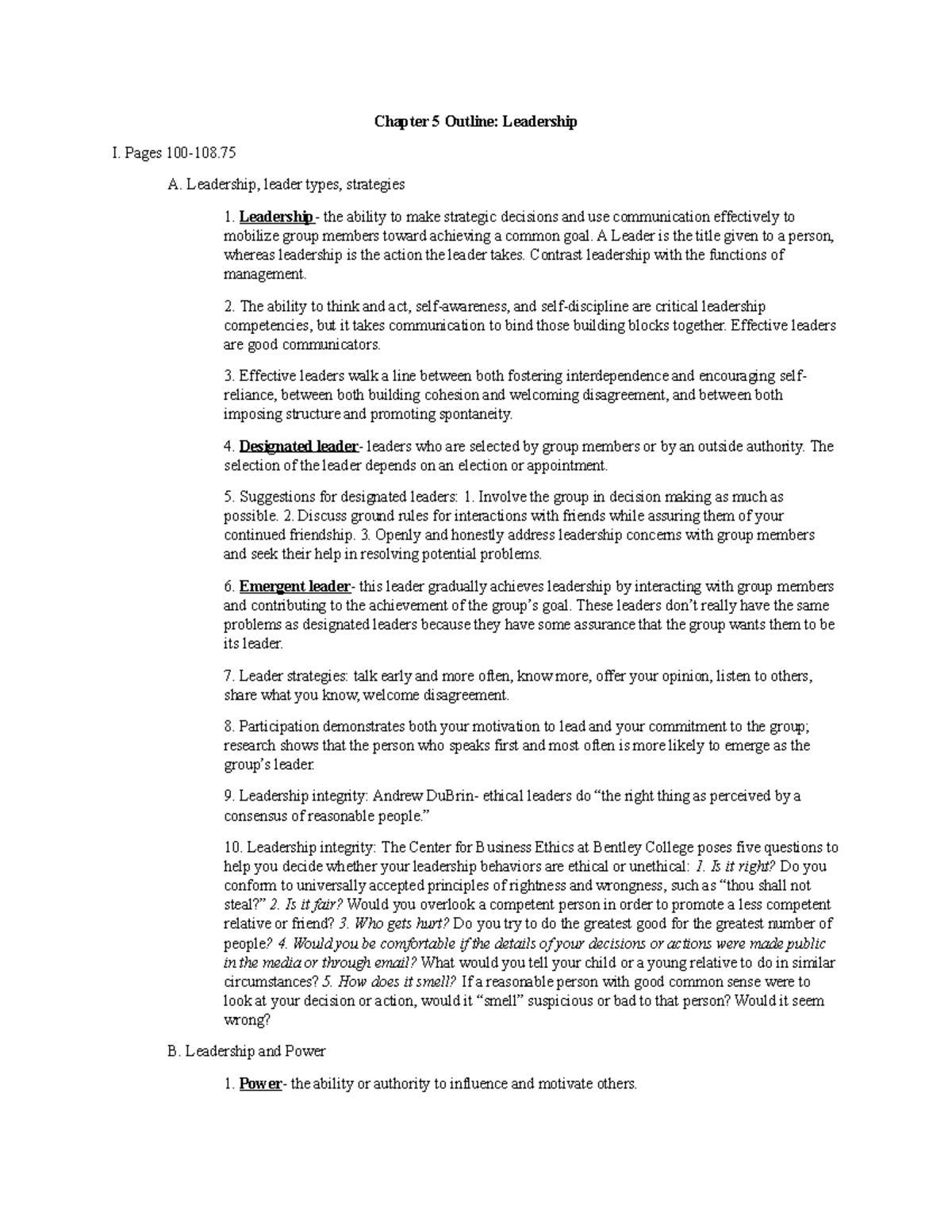 Chapter 5 Outline - Chapter 5 Outline: Leadership I. Pages 100-108 A ...