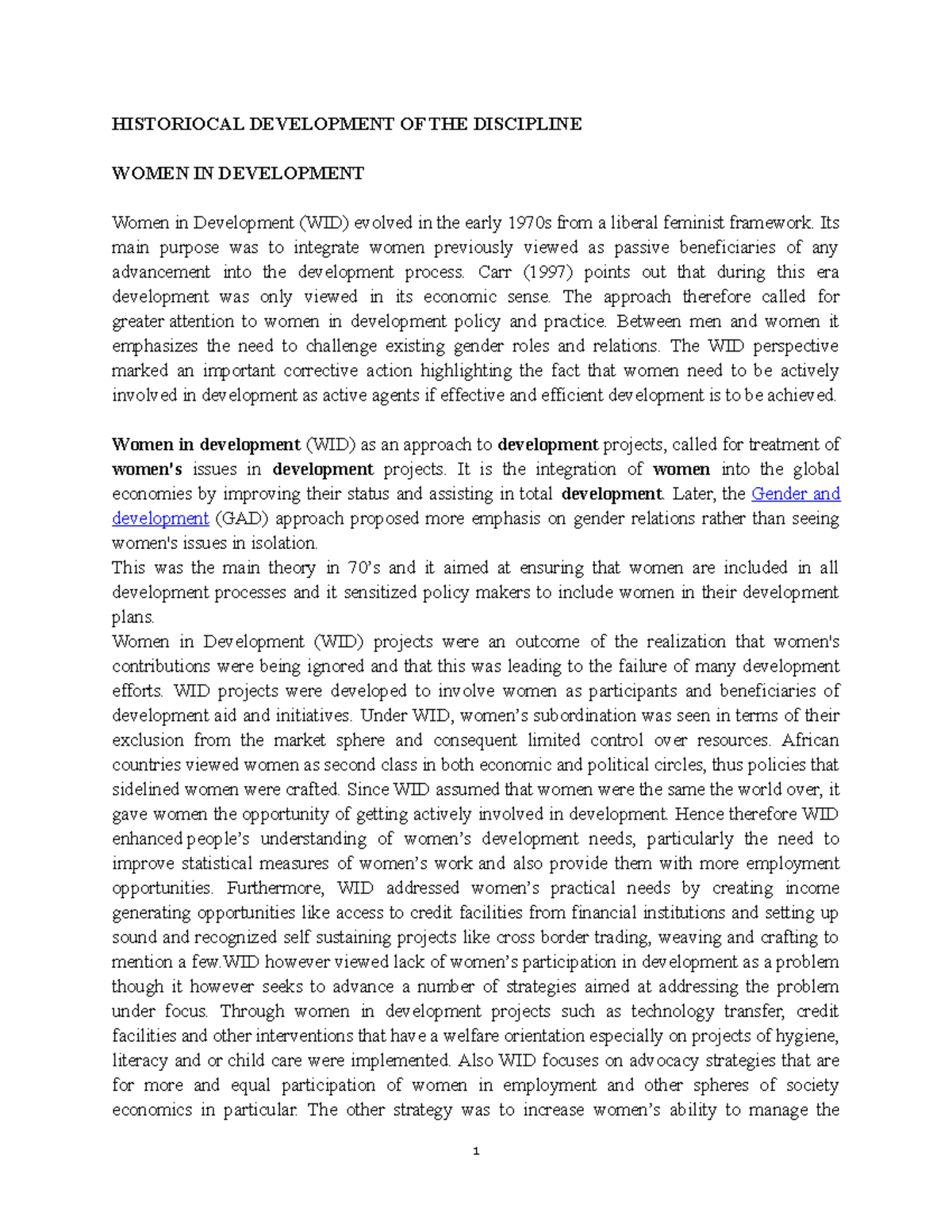 Historical Development OF THE Discipline of gender studies ...