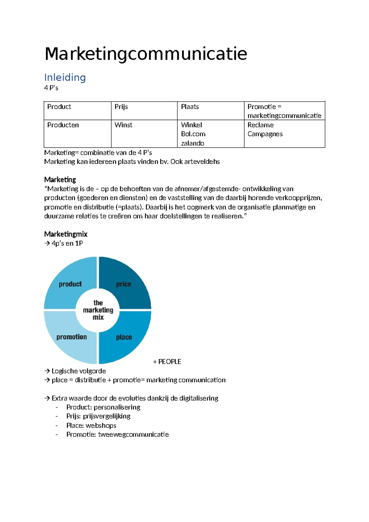 Marketingcommunicatie - Marketingcommunicatie Inleiding 4 P’s Product ...