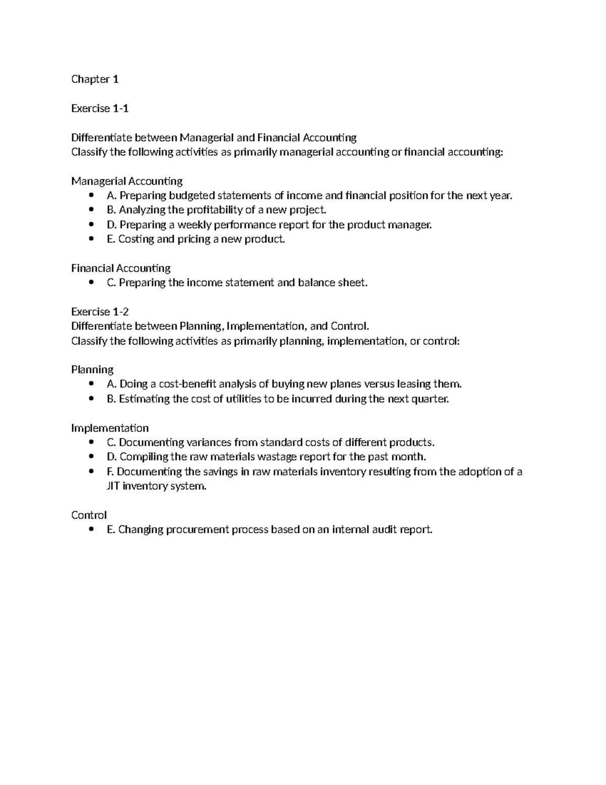 Chapter 1 - Chapter 1 Exercise 1- Differentiate between Managerial and ...