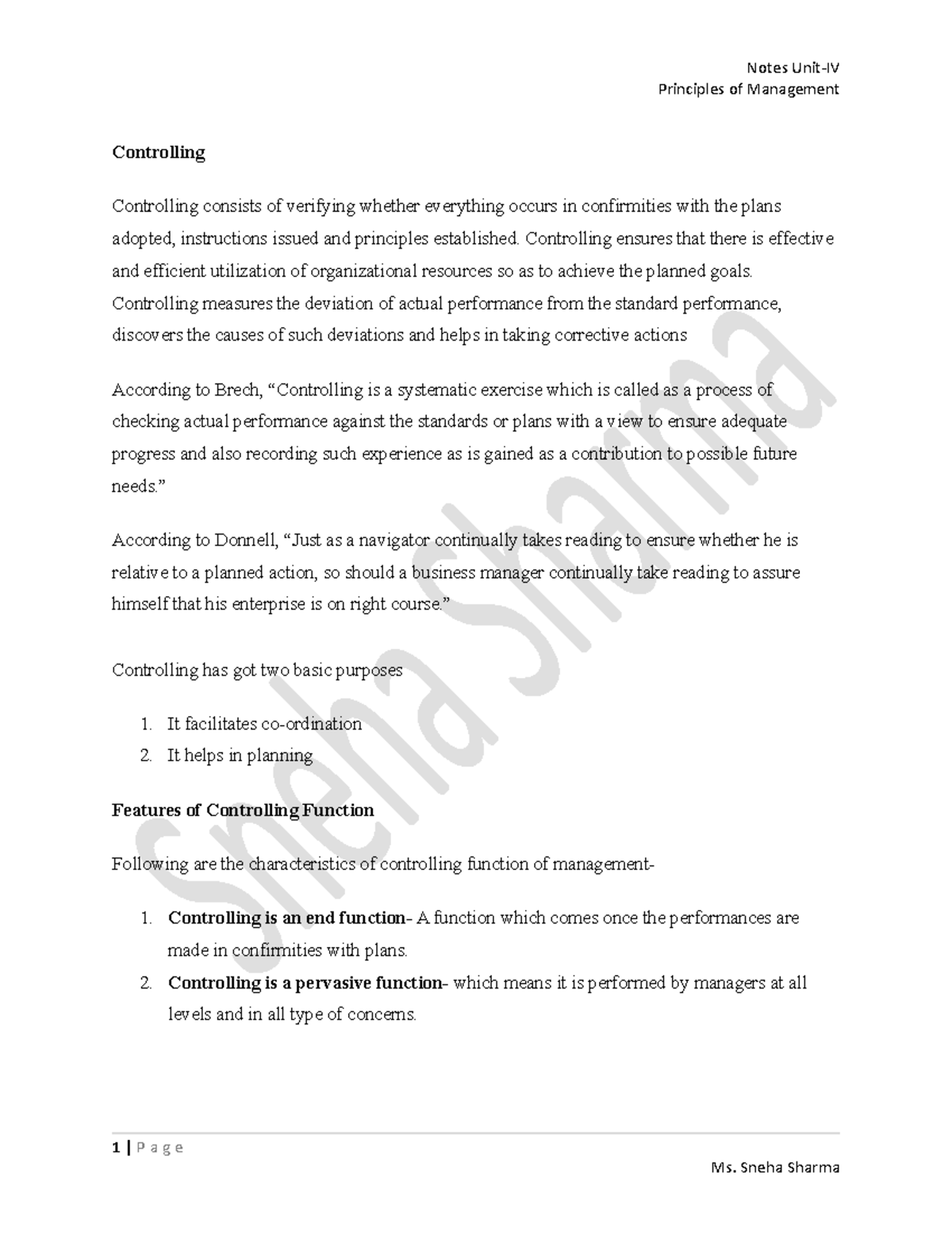 Notes Unit-IV - Study material. - Principles of Management Controlling ...