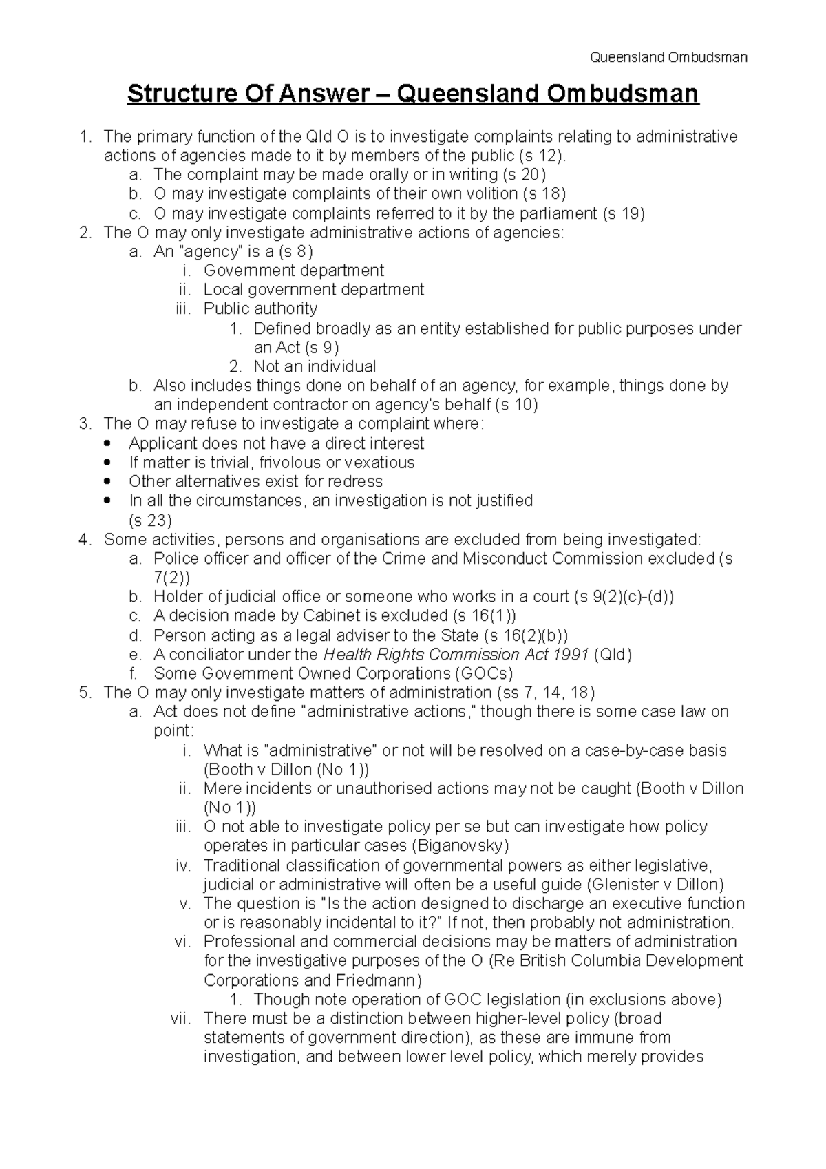 QLD Ombudsman - NOTES - Queensland Ombudsman Structure Of Answer ...