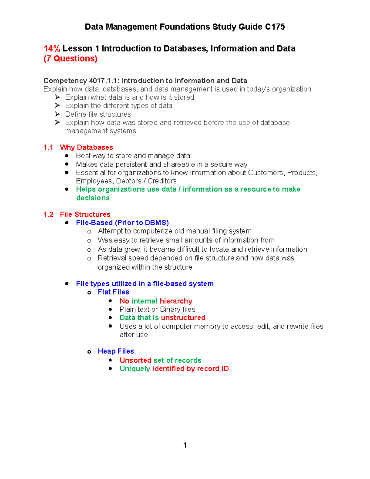 [Working] C175 Data Management Foundations Study Guide - 14% Lesson 1 Introduction to Databases ...