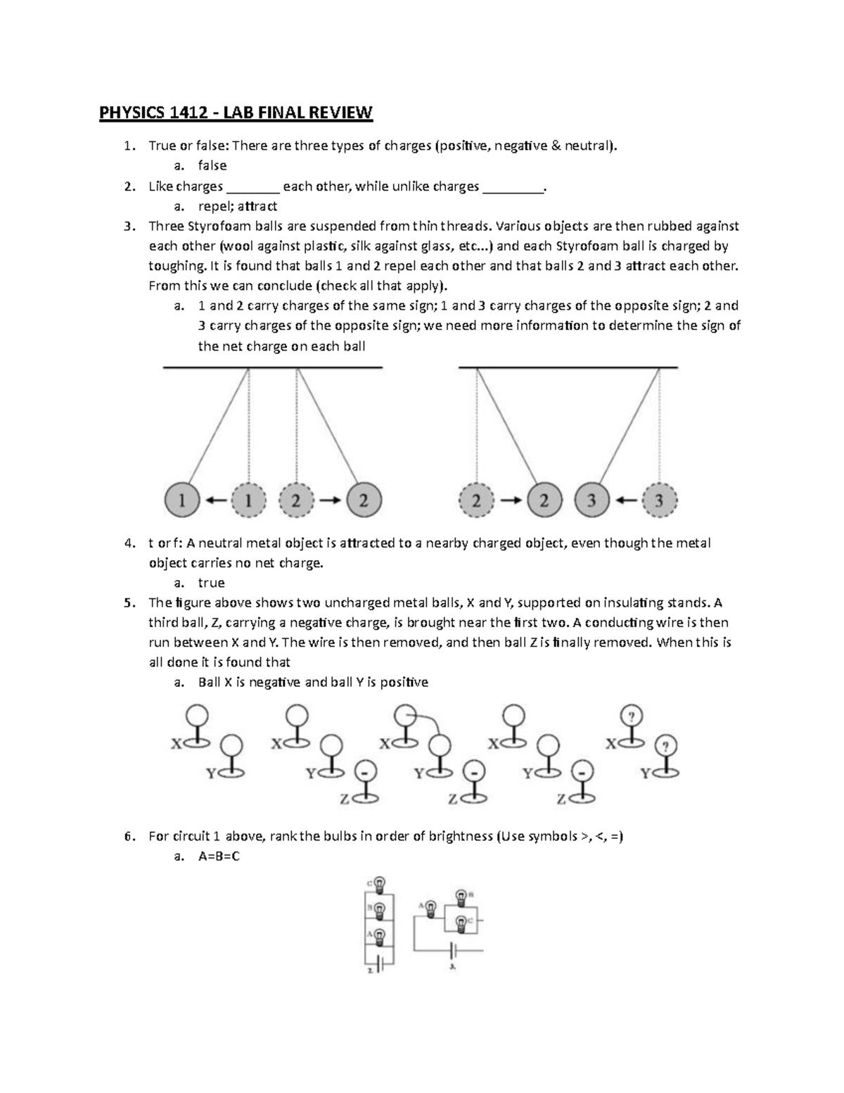 Physics 1412 - LAB Final Review - PHYSICS 1412 - LAB FINAL REVIEW True ...