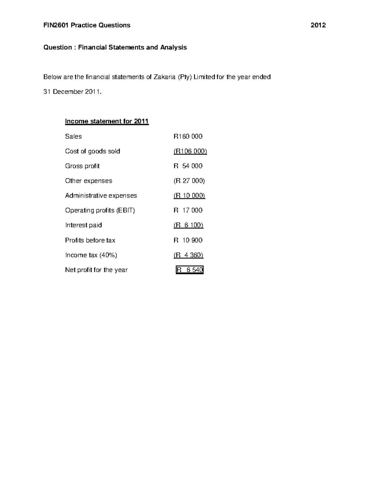 Financial Statements and Analysis - Income statement for 2011 Sales ...