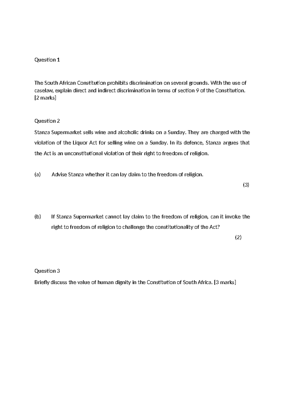 FUR 2601 Assessment 2 - Question 1 The South African Constitution prohibits discrimination on ...
