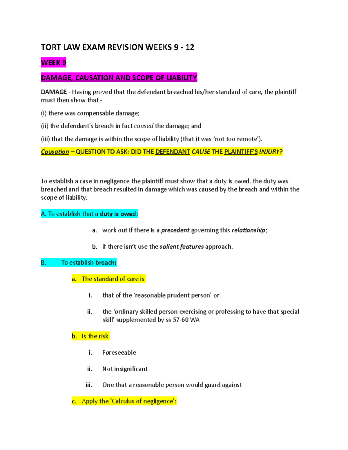Tort Law EXAM Notes Weeks 9-12 - TORT LAW EXAM REVISION WEEKS 9 - 12 ...