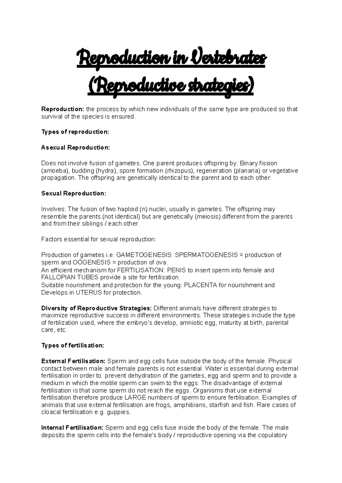 Life Science notes - Reproduction in Vertebrates (Reproductive ...
