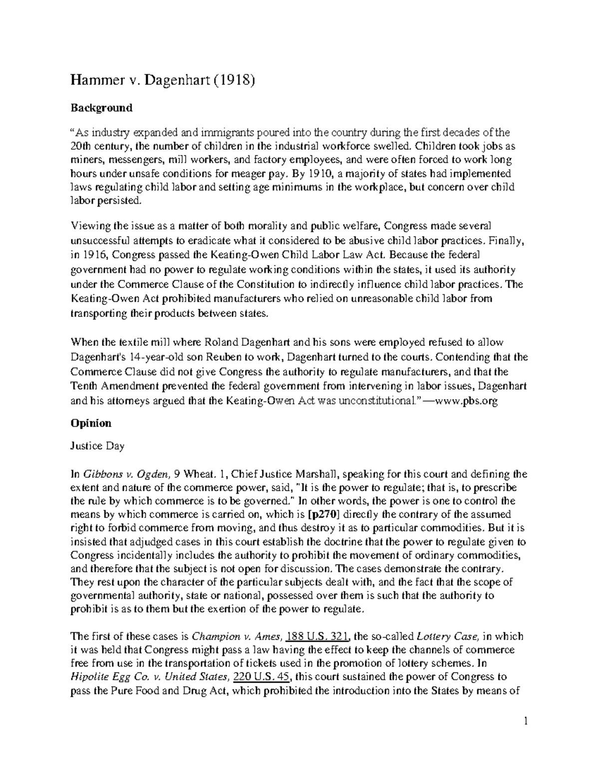 Hammer v Dagenhart - reading material - Hammer v. Dagenhart (1918 ...