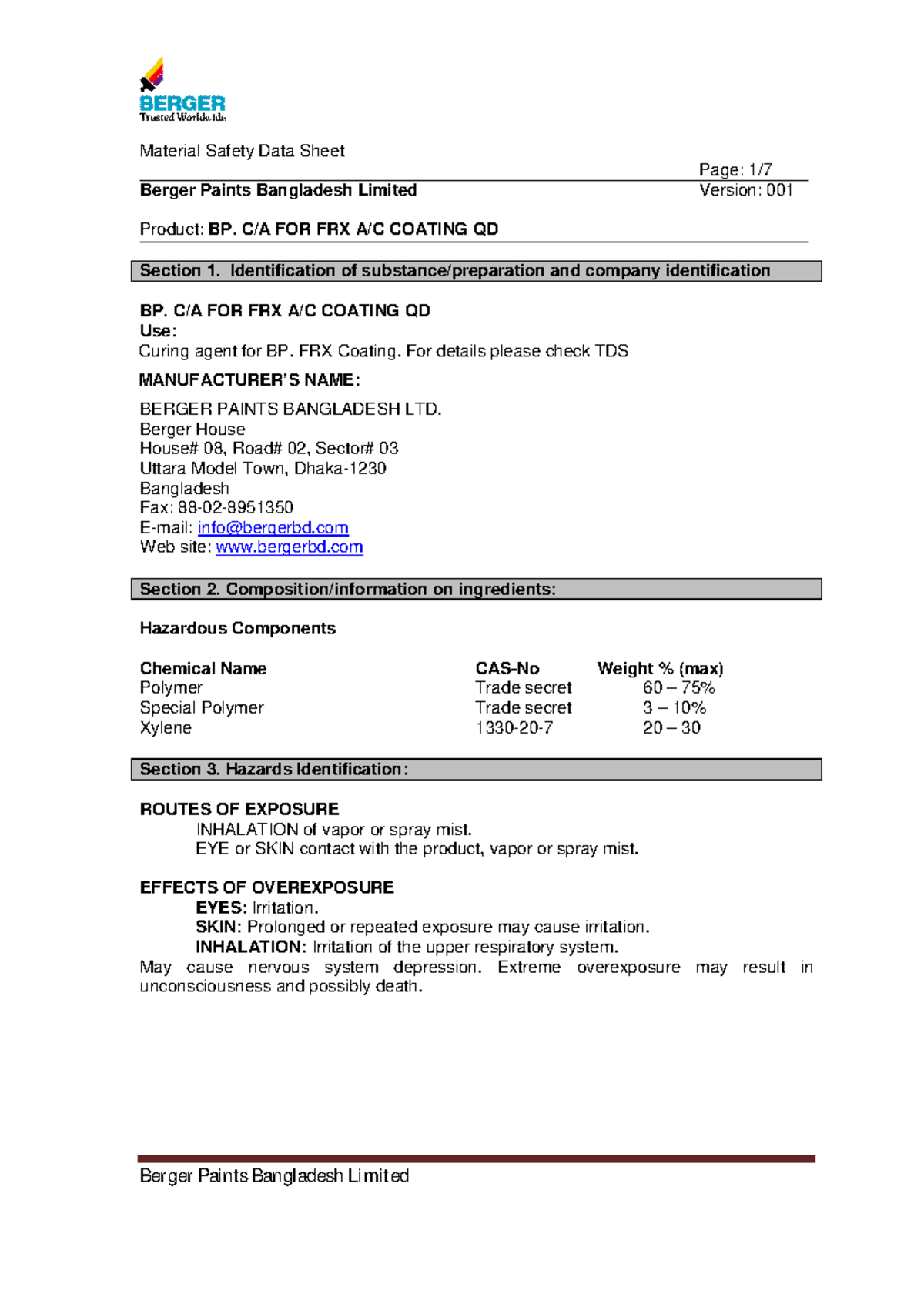 MSDS of BP. CA FOR FRX AC Coating QD - Page: 1/ Berger Paints ...