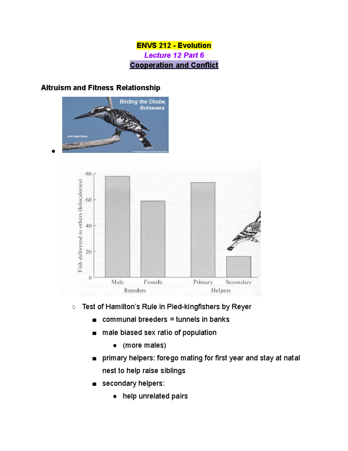 ENVS 212 Lecture 12 Part 6 - Spring 2020 - ENVS 212 - Evolution Lecture 12 Part 6 Cooperation ...