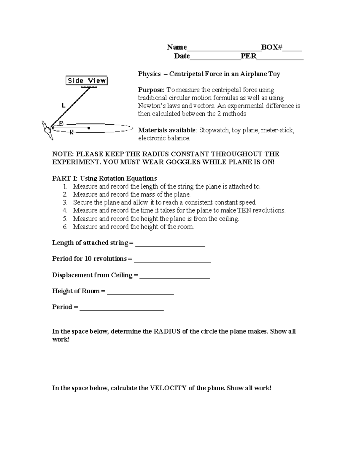Centripetal Force lab using an airplane - Name___________________BOX ...