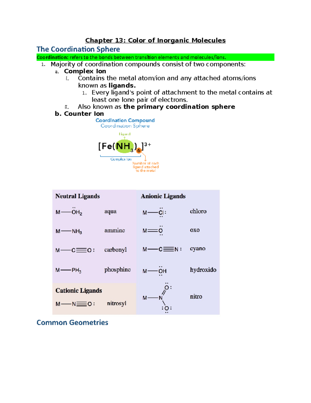 Chapter 13 Notes - Color of Inorganic Molecules (Morkowchuk) - Chapter ...