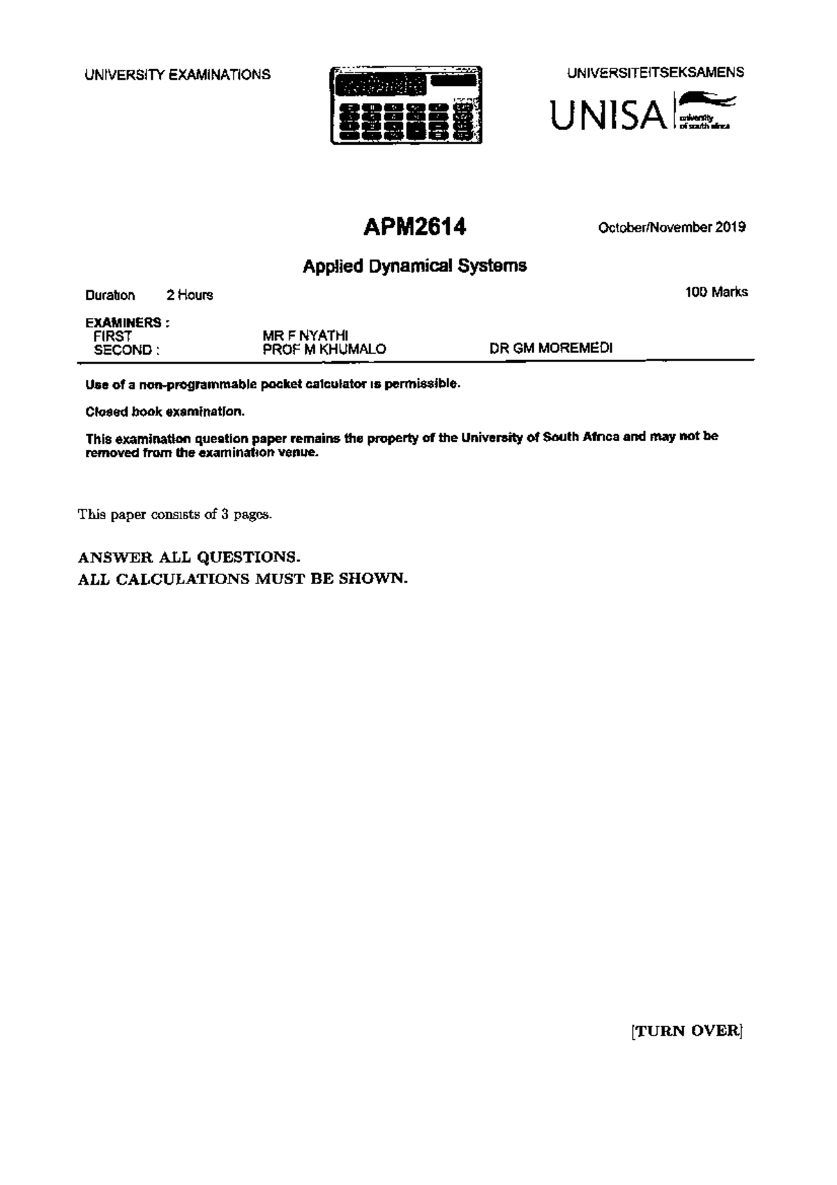 Applied Dynamical Systems 2019 examination paper - APM2614 - Studocu