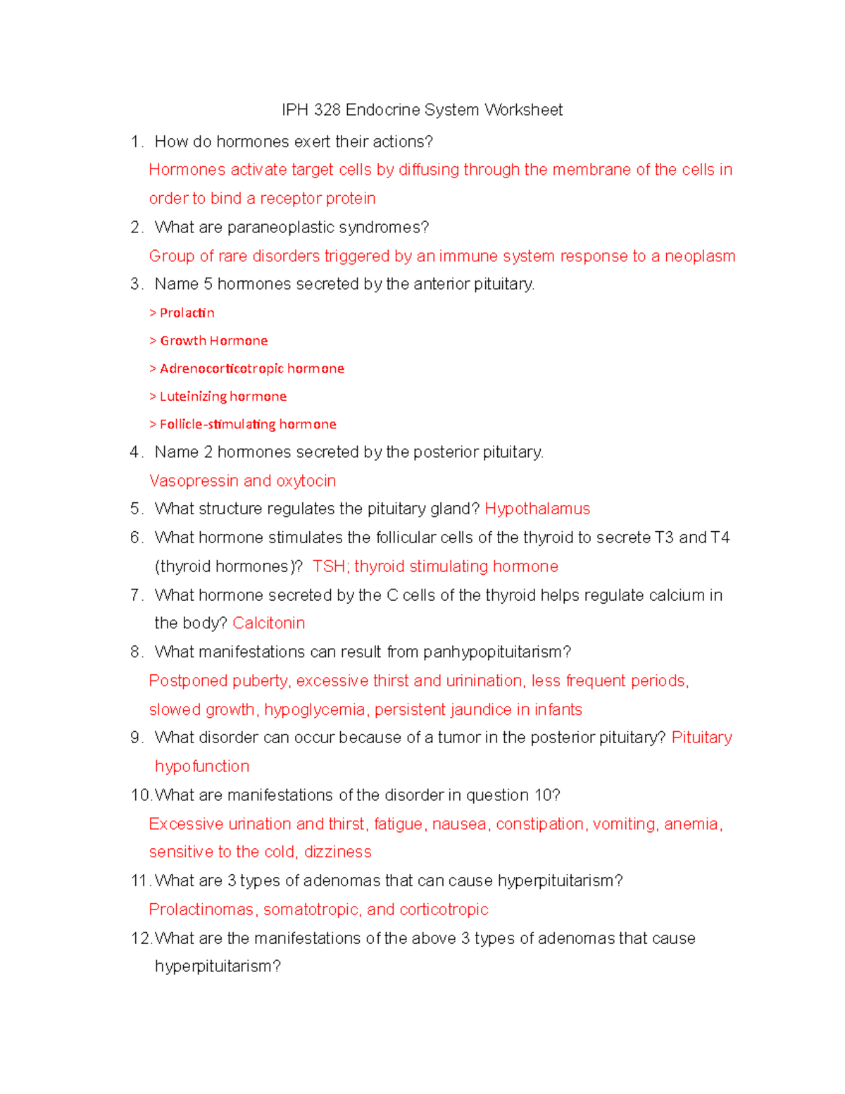 IPH 328 Endocrine System Worksheet - IPH 328 Endocrine System Worksheet ...