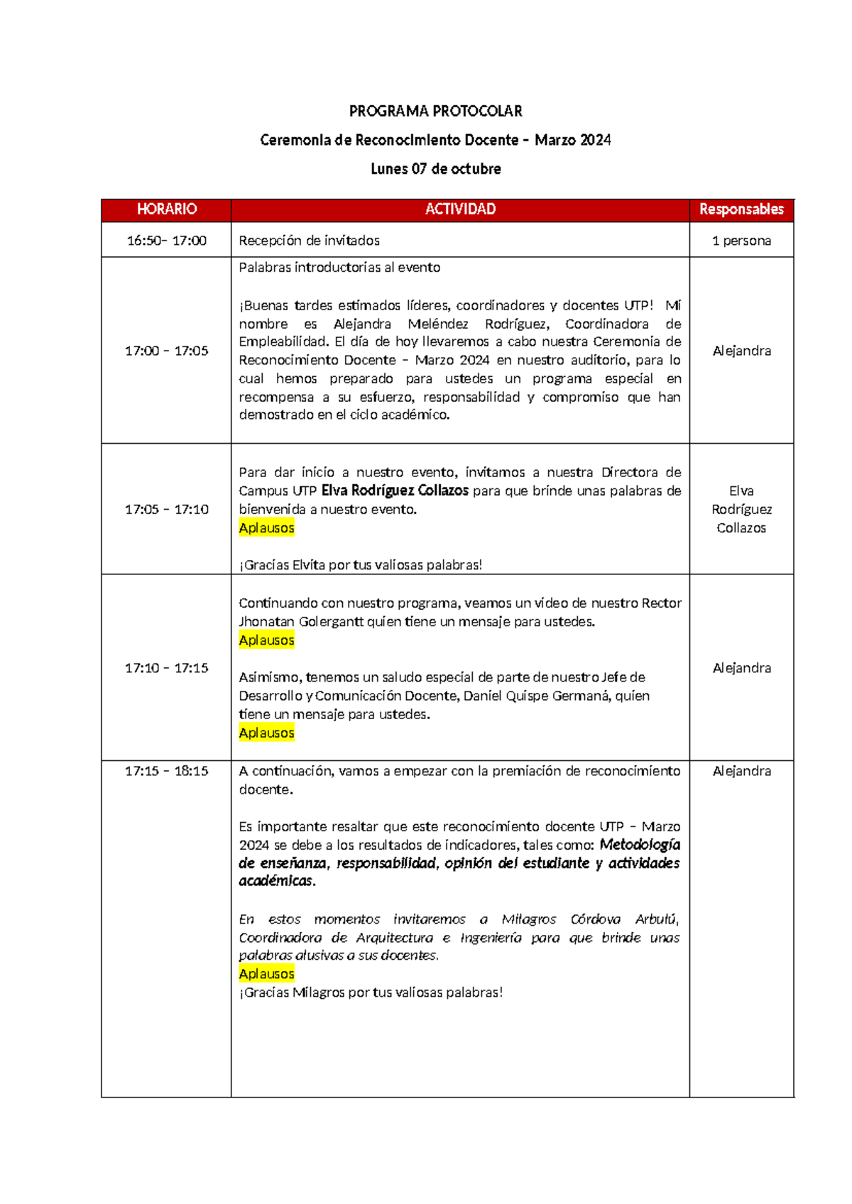 Programa Reconocimientodocentemarzo 2024 07 Deoctubre Final - PROGRAMA PROTOCOLAR Ceremonia de ...