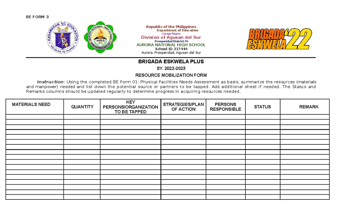 BS-Form 3 - Resource Mobilization - BE FORM 3 Republic of the ...