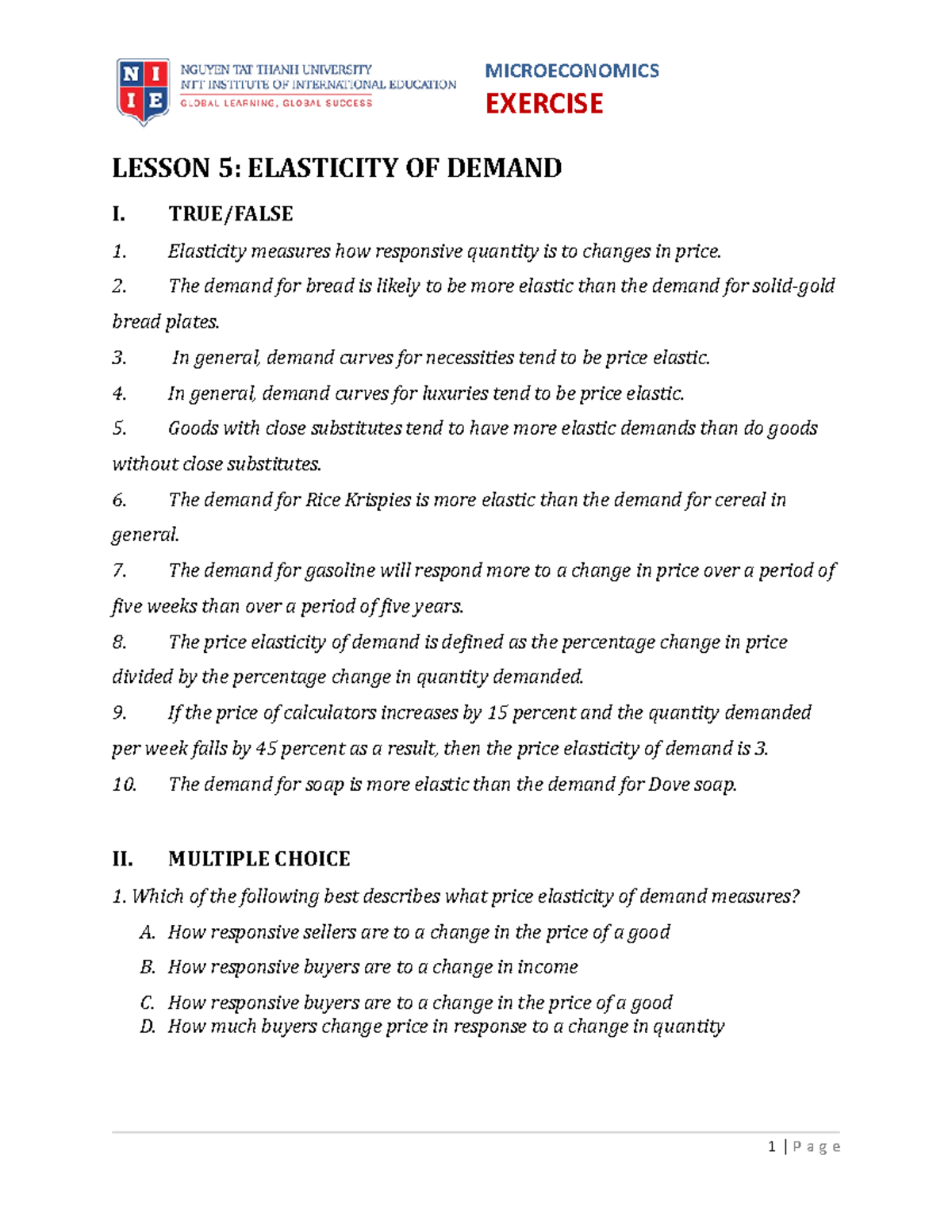 Exercise-L5- Elasticity of Demand - Q - 1 - EXERCISE LESSON 5 ...