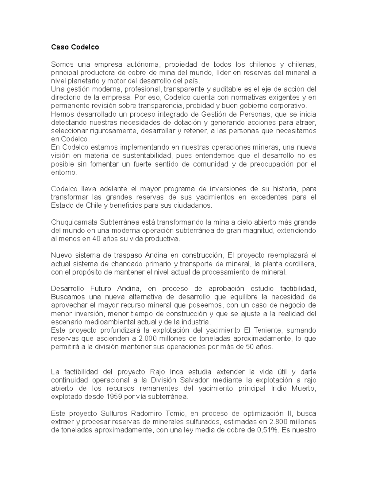 Caso Codelco 2022 - casos adm - Caso Codelco Somos una empresa autónoma, propiedad de todos los ...