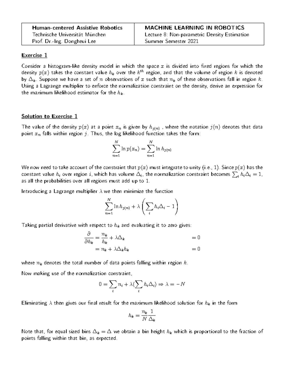 Nonparametric Density Estimation Dr Ing Dongheui Lee Summer