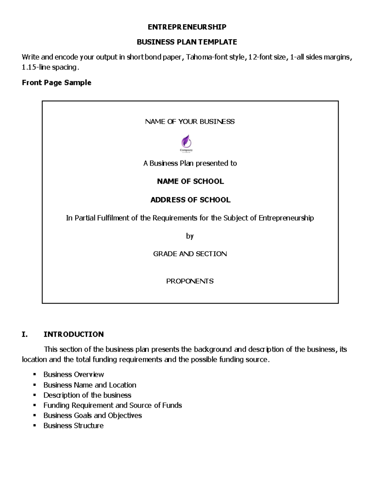 Business Plan Template - ENTREPRENEURSHIP BUSINESS PLAN TEMPLATE Write ...